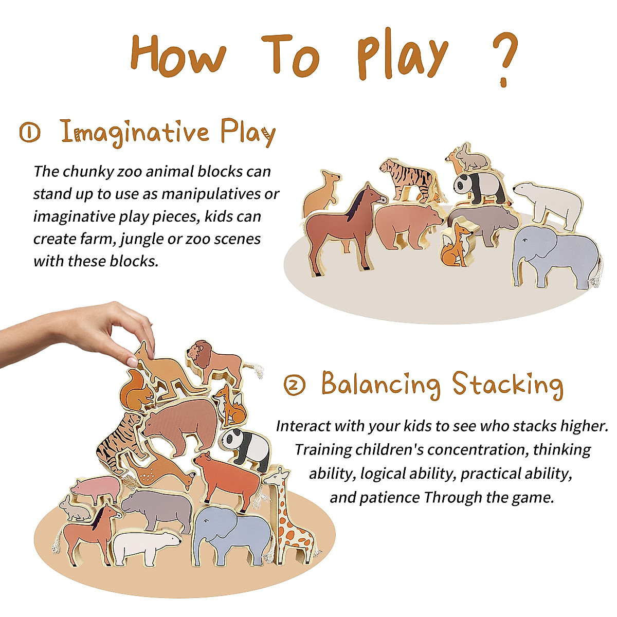 Xylolin Wooden Zoo Animal Blocks Stacking and Balancing Toy, Toddler Wood Animal Figures Blocks Imaginative Play, Preschool Educational Toys and Stack Balance Games for Kids