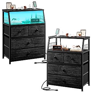 EnHomee Nightstands Set of 2 Nightstand with Charging Station & LED Lights Black Nightstands Set of 2 nightstand with Dresser Drawers and Storage Shelves Night Stand with Outlets and 2 USB Ports
