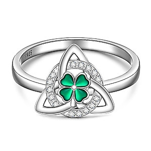 St Patricks Day Shamrock Ring Clover Ring for Women Sterling Silver Clover Rings Green Irish Lucky Friendship Leaf Celtic Knot Cubic Zirconia Triangle Jewelry Size 8
