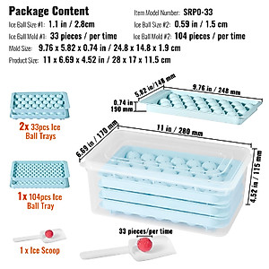 VEVOR Ice Cube Tray, 3 Pack 170 Balls Mini Ice Cube Tray for Freezer, 2x33pcs and 1x104pcs Sphere Ice Cube Making for Chilling Cocktail Whiskey Tea Coffee, Include Ice Trays & Ice Bin & Scoop