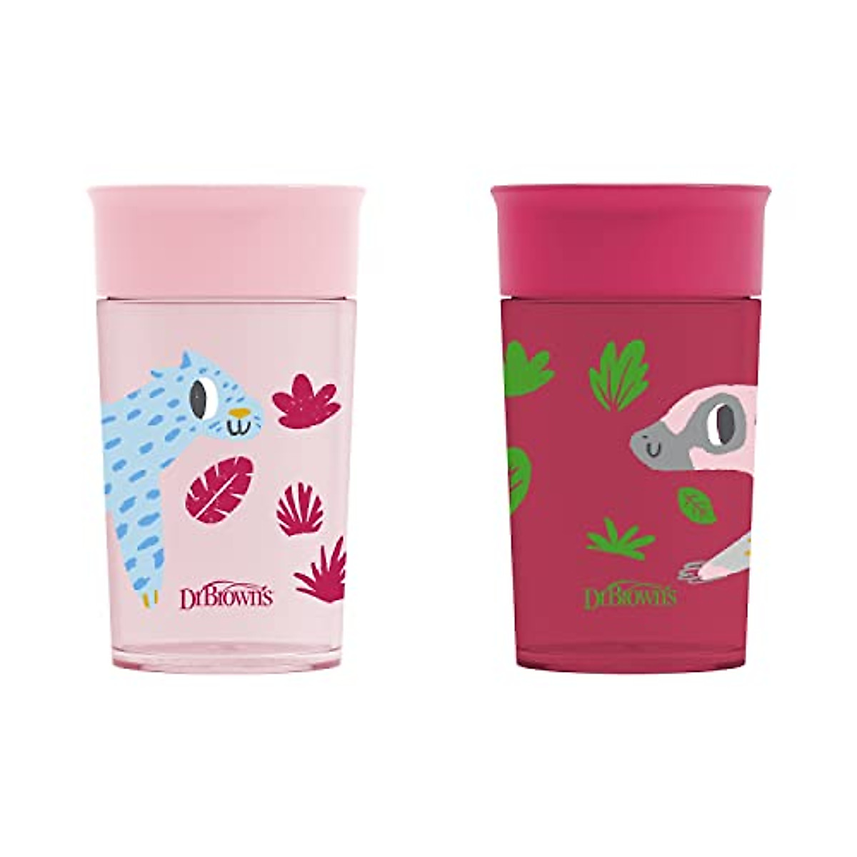 Dr. Brown's Milestones Cheers 360 Cup Spoutless Transition Cup, Travel Friendly & Leak-Free Sippy Cup, Pink Leopard – Red Lemur, 10 oz/300 mL, 2 count (1 pack)