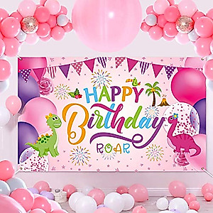 Sumind Dinosaur Happy Birthday Backdrop, Dinosaur Birthday Party Background Boy/Girl Birthday Gaming Banner for Birthday Decoration, Baby Showers and Photo Prop (Pink)