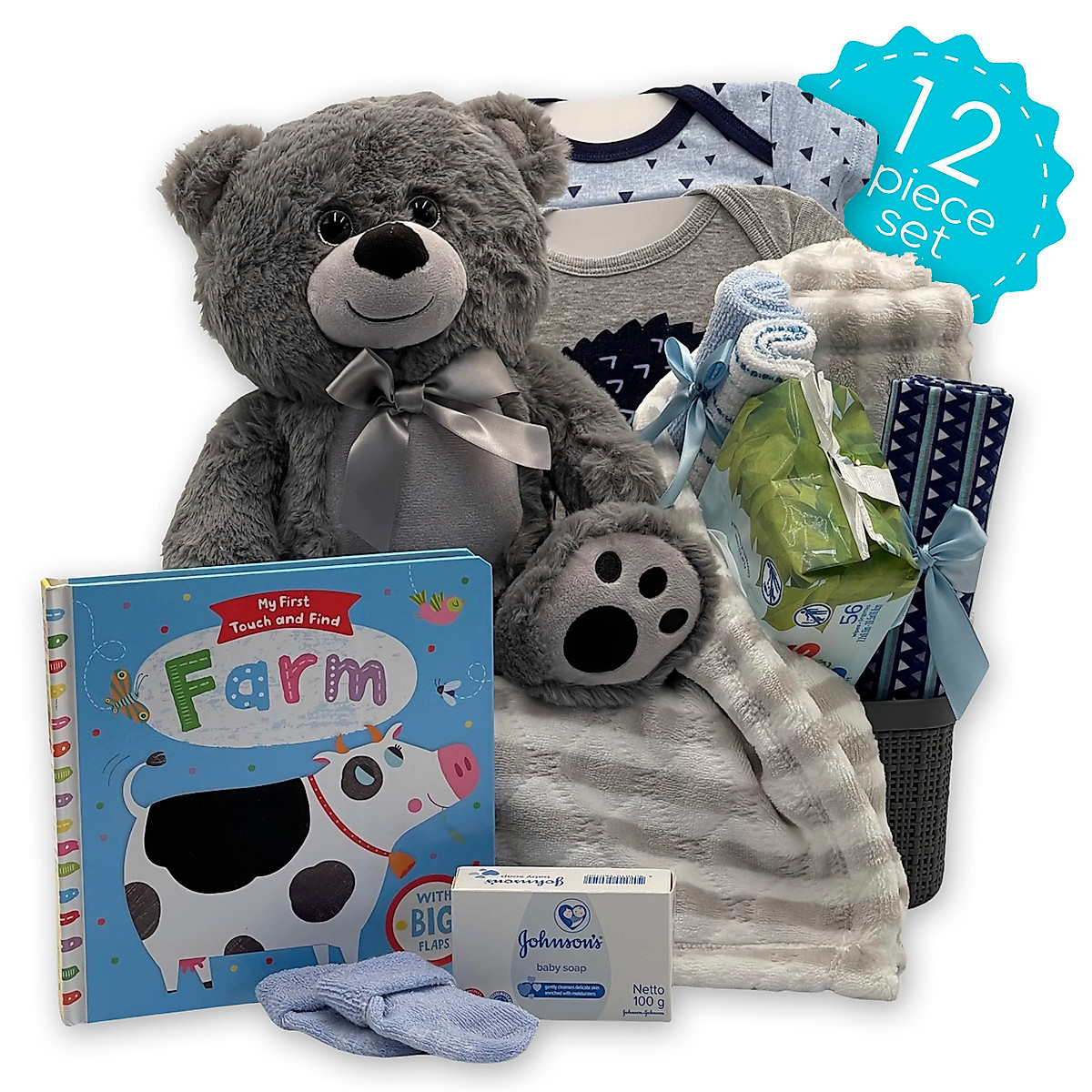 Baby Boy Gift Basket Set Great for Newborn Essentials, New Baby Gift Basket Kit, Baby Shower Gifts, Welcome Home Bundle for Boys, Gender Reveal, Congratulations to New Mom, New Baby Registry Box, More