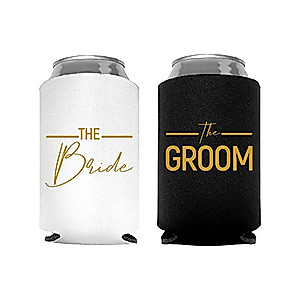 Bride and Groom Can Coolers, 1 White and 1 Black Beer Can Coolies, Cute Wedding Gifts, Novelty Can Cooler, Perfect Engagement, Bridal Shower Gift