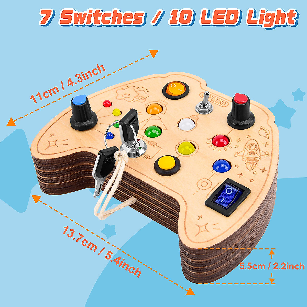 CGYUJISD Busy Board with led Light,Switch Board Toys,Montessori Toys for 1+ Years Old, Wooden Sensory Travel Toys for Toddlers 1-3.