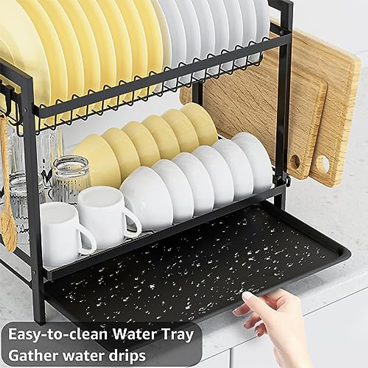 Esusom Dish Drying Rack Compact Drainer 2-Tier Dryer Rack for Small Spaces Dorm Apartment Kitchen Counter Dish Strainers Set with Drainboard Tray Utility Hooks Cutting Board & Utensil Holder