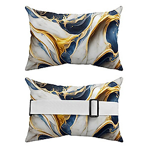 Recliner Head Pillow Ledge Loungers Chair Pillows with Insert Marble Blue Golden Abstract Art Texture Lumbar Pillow with Adjustable Strap Outdoor Waterproof Patio Pillows for Beach Pool, 2 PCS