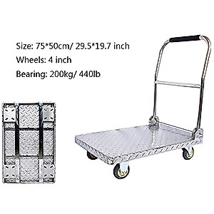 Generic Push Cart Dolly Push Cart Stainless Steel Trolley Heavy Duty Load Capacity Platform Truck with Foldable Handle and Silent Swivel Wheels for Moving Pla, 440lb