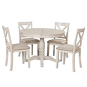 Merax Dining Table Set for 4,Retro Style Chairs with Solid Wood Legs for Kitchen Diningroom, Antique White