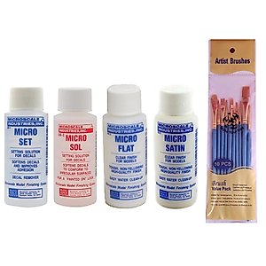 Microscale Industries, Inc. Micro Set, Micro Sol, Micro Flat, Micro Satin, 1 oz. Bottles, One of Each with Make Your Day Paintbrush Set