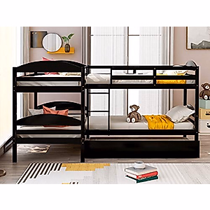 Harper & Bright Designs Quad Bunk Bed with Trundle, L Shaped Bunk Bed for 4 Kids, Wooden Twin Bunk Bed Frame for Kids Teens Adults - Espresso