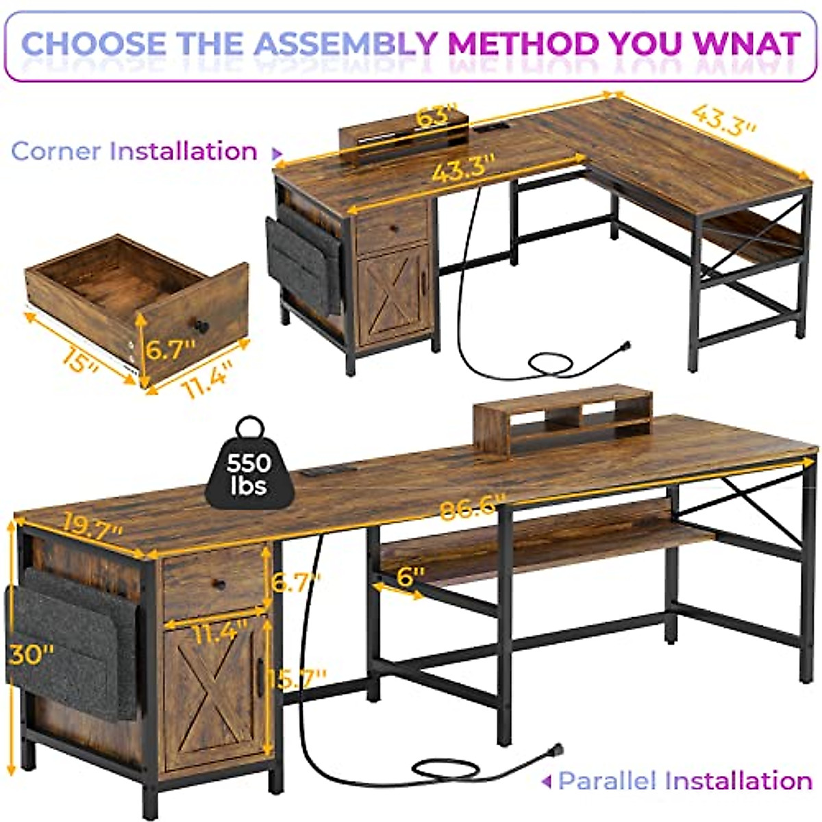 SEDETA 63" L Shaped Desk, Convertible Long Home Office Desk or Corner Desk, Office Computer Desk with Drawer, Power Strip, Storage Cabinet & Monitor Stand for Home Office, Rustic Brown