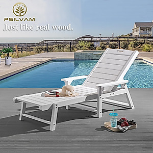 Psilvam Chaise Lounges Set of 2, Lounge Chairs with Adjustable Backrest, Supports Up to 350 lbs, All Weather Recliner Poly Lumber Lounges Bed for Poolside, Porch, Patio（White (2)