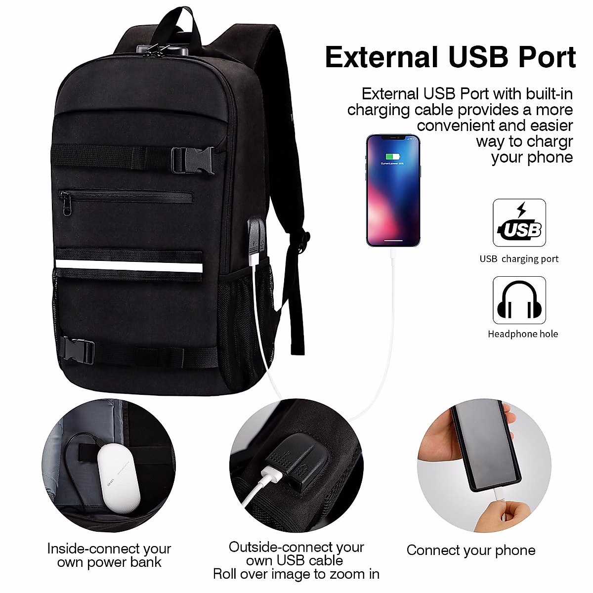 Simbow Skateboard Backpack, Laptop Backpack Rucksack w/ USB Charging Port,Anti-Theft Lock,Water Resistant,Fits up to 15.6-17Inch Laptop, for College School Business Travel Men Boy