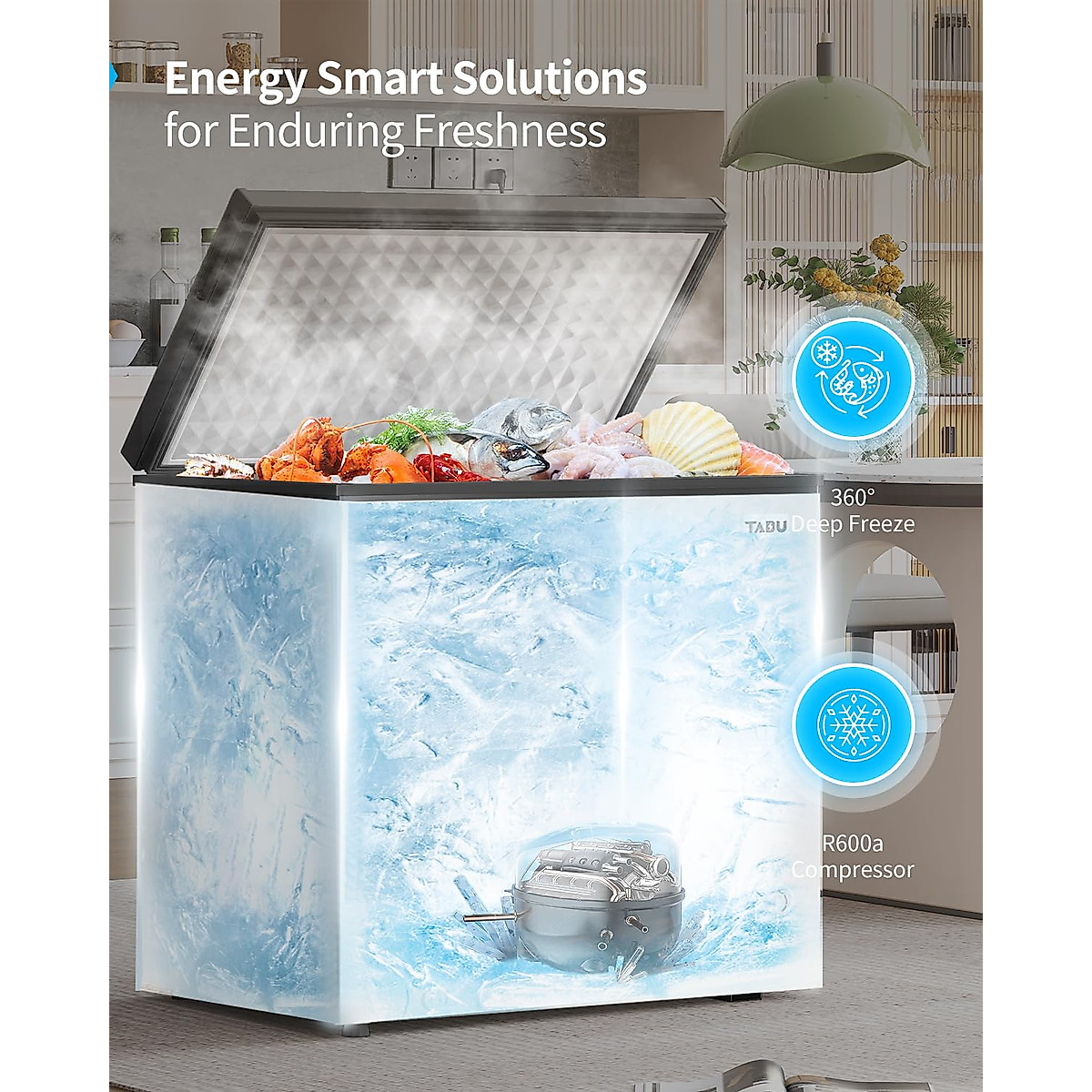 TABU 10 Cu Ft Large Chest Freezer with 7 Level Adjustable Thermostat,Compact Freestanding Top-opening Deep Freezer with Removable Storage Basket, Black