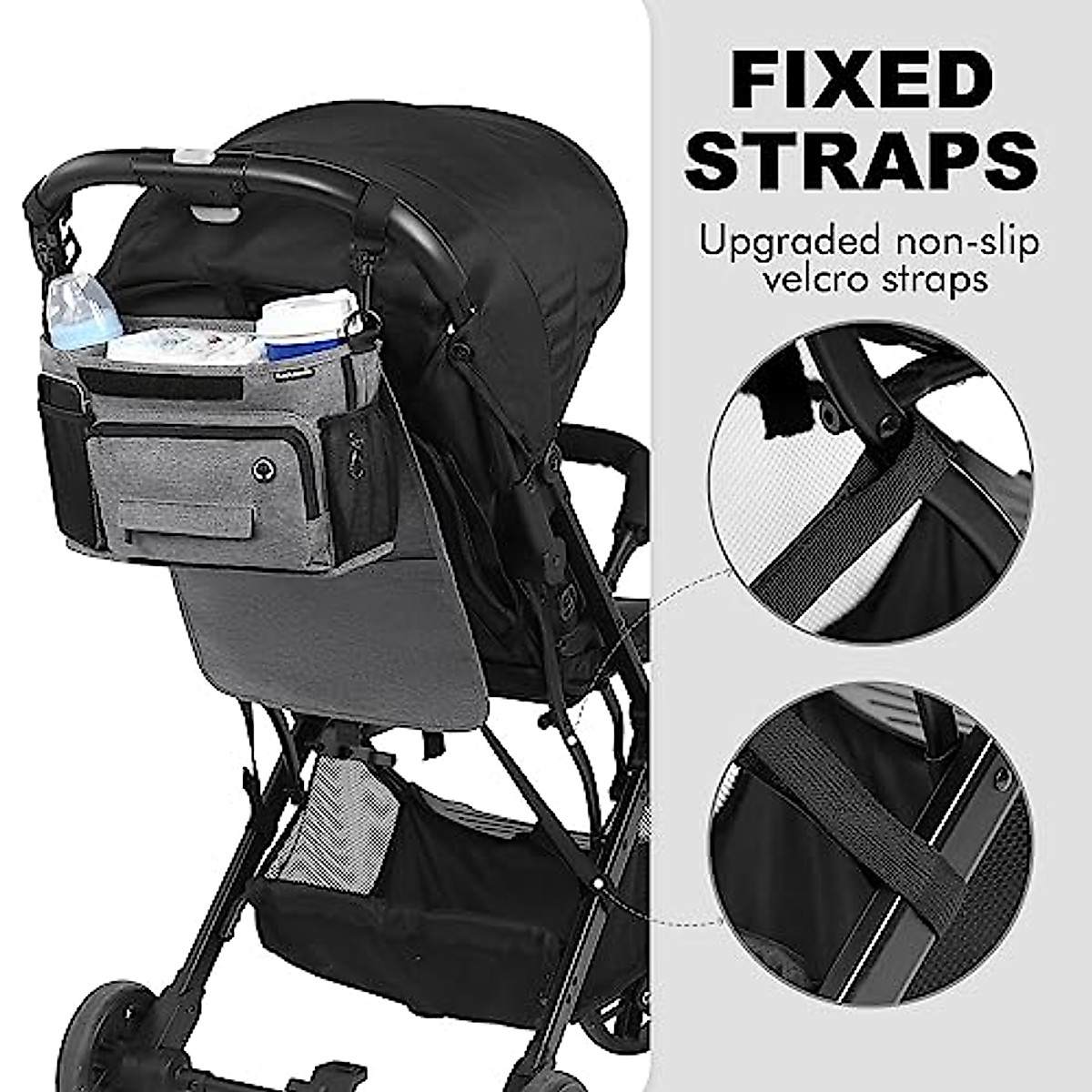 kookoomia Universal Stroller Organizer with Cup Holder, Baby Stroller Caddy Organizer with Extra Storage Bag and Shoulder Strap, Pockets for Phone, Keys and Toys, Large Compacity, Fits Most Strollers