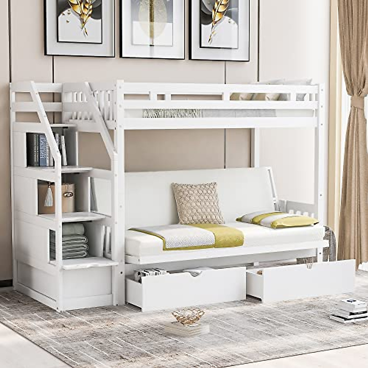 Twin Over Full Futon Bunk Beds with Stairs and Storage Drawers Convertible Wood Bunk Bed Frame Couch and Bed for Kids Boys Girl Adults Teens Dorm, White