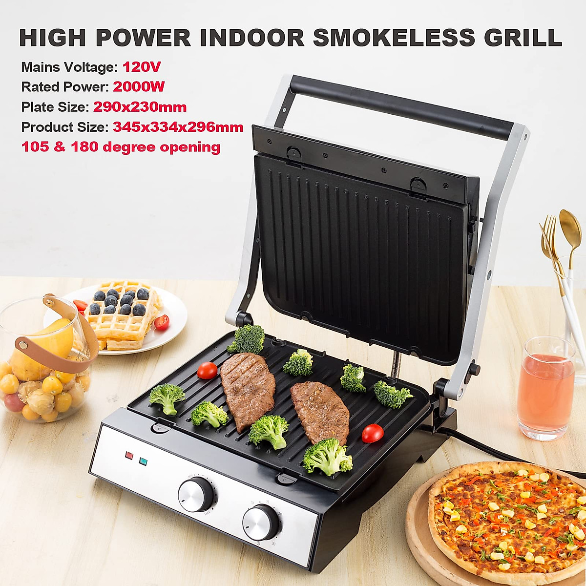 FELAYZA Smokeless Indoor Electric Grill & Panini Press, 8-Serving, Nonstick Removable Plate, Temp & Time Adjustable, Indoor Table Aluminum Grill with Removable Drip Tray for BBQ, Sandwich, Pancake etc