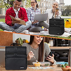 opux Insulated Lunch Bag for Men Women, Large Dual Compartment Cooler Bag, Soft Two Deck Lunch Box for Work School Picnic, Leakproof Lunch Tote with Shoulder Strap for Kid Adult (Black, Double Deck)