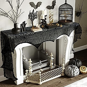 AerWo Halloween Decorations Black Lace Spiderweb Fireplace Mantle Scarf Cover for Halloween Mantle Decor Festive Party Supplies,18 x 98 inch 45 X 243cm 18 x 96 inch