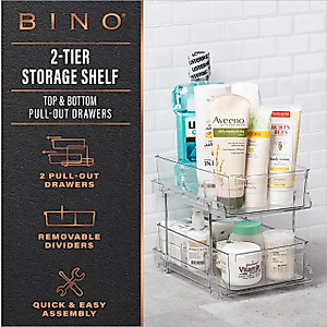BINO 2 Tier Clear Storage Organizer with Dividers | Slide Out Drawer for Under Sink or Medicine Cabinet | Bathroom Closet, Vanity, Pantry Organizer | Under Cabinet Storage for Bathroom and Kitchen