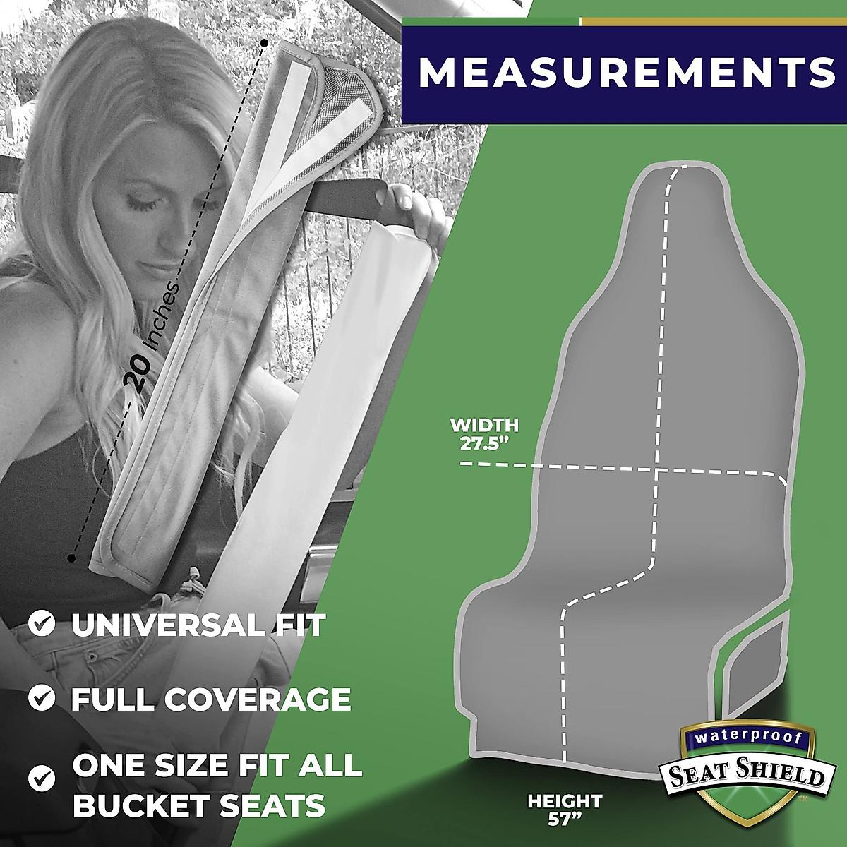 Waterproof SeatShield UltraSport Front Seat Cover and Seatbelt Cover - Gray Car Seat Towel and 20in Car Seat Belt Cover for All Vehicles - Seat Belt Cushion for Women, Men, Kids from Sweat, Food, Dirt