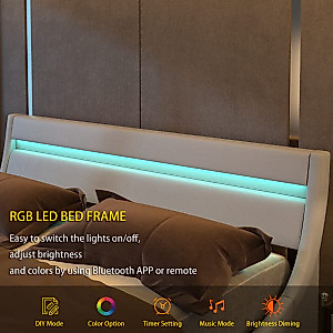 TTVIEW Upholstered Smart LED Bed Frame with Headboard, Modern Faux Leather Wave-Like Platform Bed Frame, Low Profile Bed Frame with Solid Wood Slats Support, White, Full Size