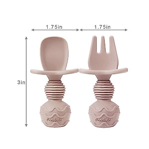 PandaEar Silicone Baby Feeding Set, 2 Pack - Divided Suction Plate, 2 Tiny Cup with Spoons, BPA Free, Light Tan/Pink