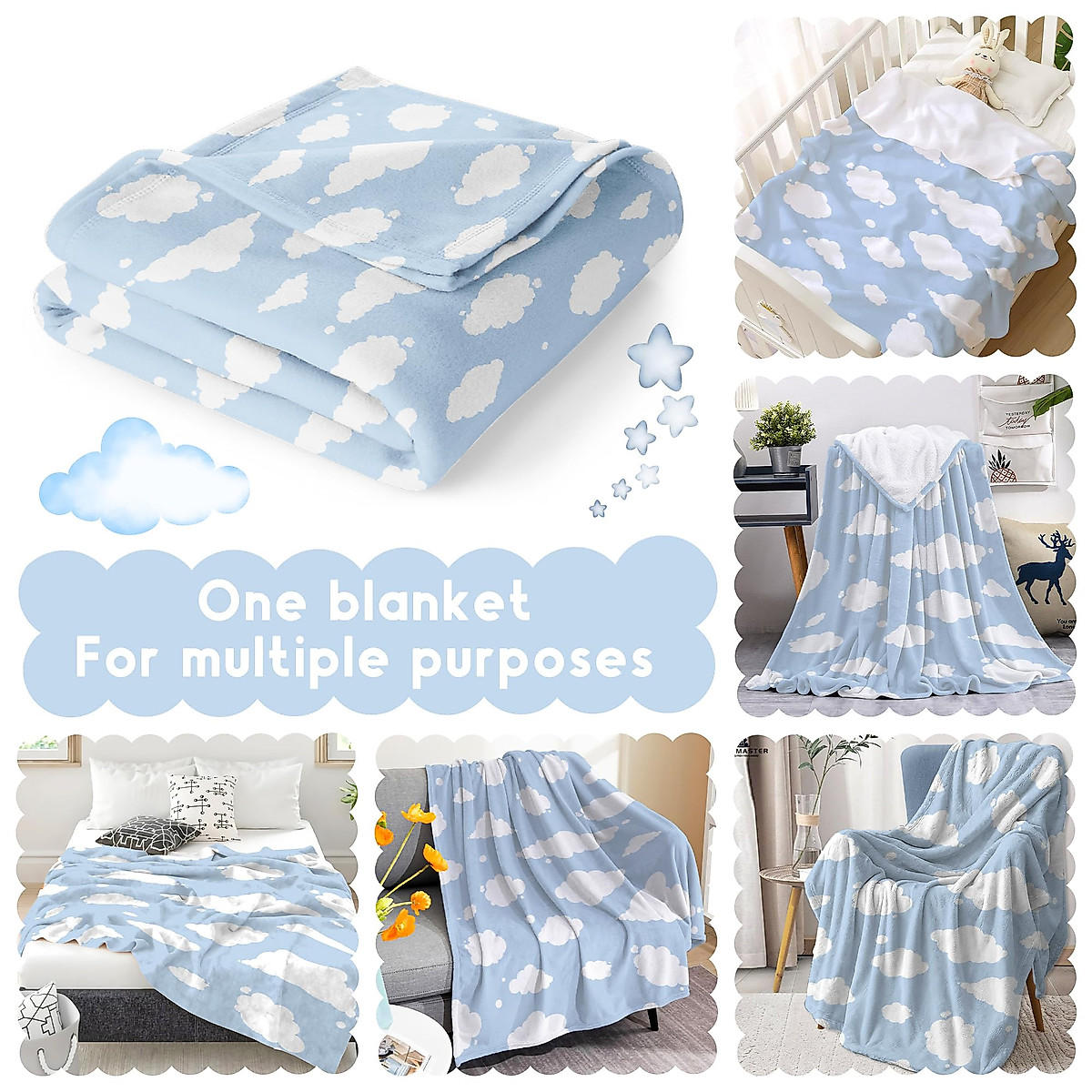 Cloud Blanket, Cloud Print Throw Blanket, Blue and White Gift for Girl and Boy, Lightweight Soft Cute Cloud Fleece Blanket for Sofa Chairs Bed 40" x 30" for Pet