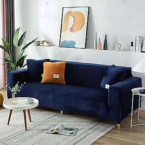 Elehealthy Thick Velvet Sofa Covers 1 2 3 4 Seater Plush Sofa Slipcovers High Stretch Couch Cover Furniture Protector with 1 Pillowcase for Living Room Kids Pets (4 Seater, Navy Blue)