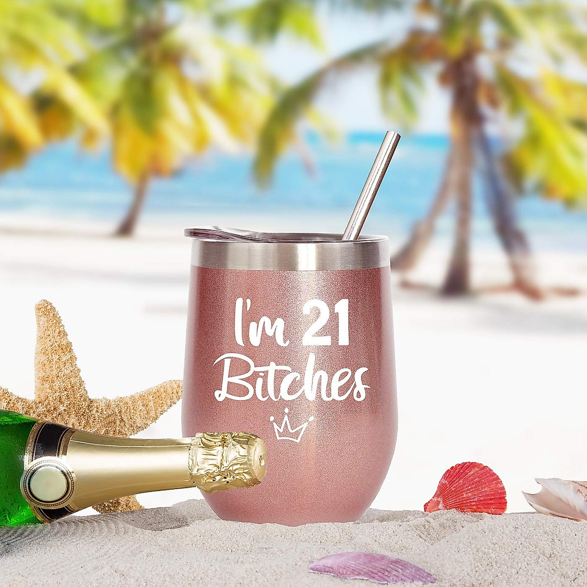 21st Birthday Gifts for Women 12oz Wine Tumbler with Lid | Funny 21 Year Old Birthday Gift for Her | Birthday Decoration Ideas | Finally 21 Shot Glass | Rose Gold Cup with Tiara Print