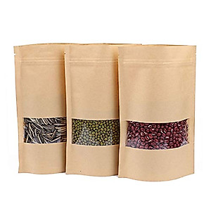 Katfort Stand Up Pouches 100pcs, 7.8''×4.6'' Resealable Bags for Small Business, Resealable Kraft Paper Bags with Window, Paper Bakery Bag for Small Business, Family, Company