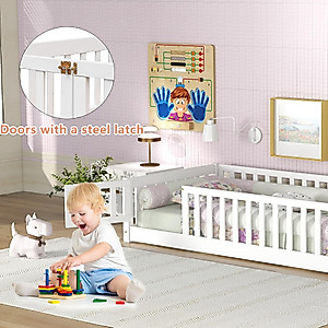 Bellemave Floor Bed for Kids,Twin Size Montessori Floor Bed with Door and Fence,Solid Wood Twin Bed Frame with Removable Slats for Girls Boys,Twin,White