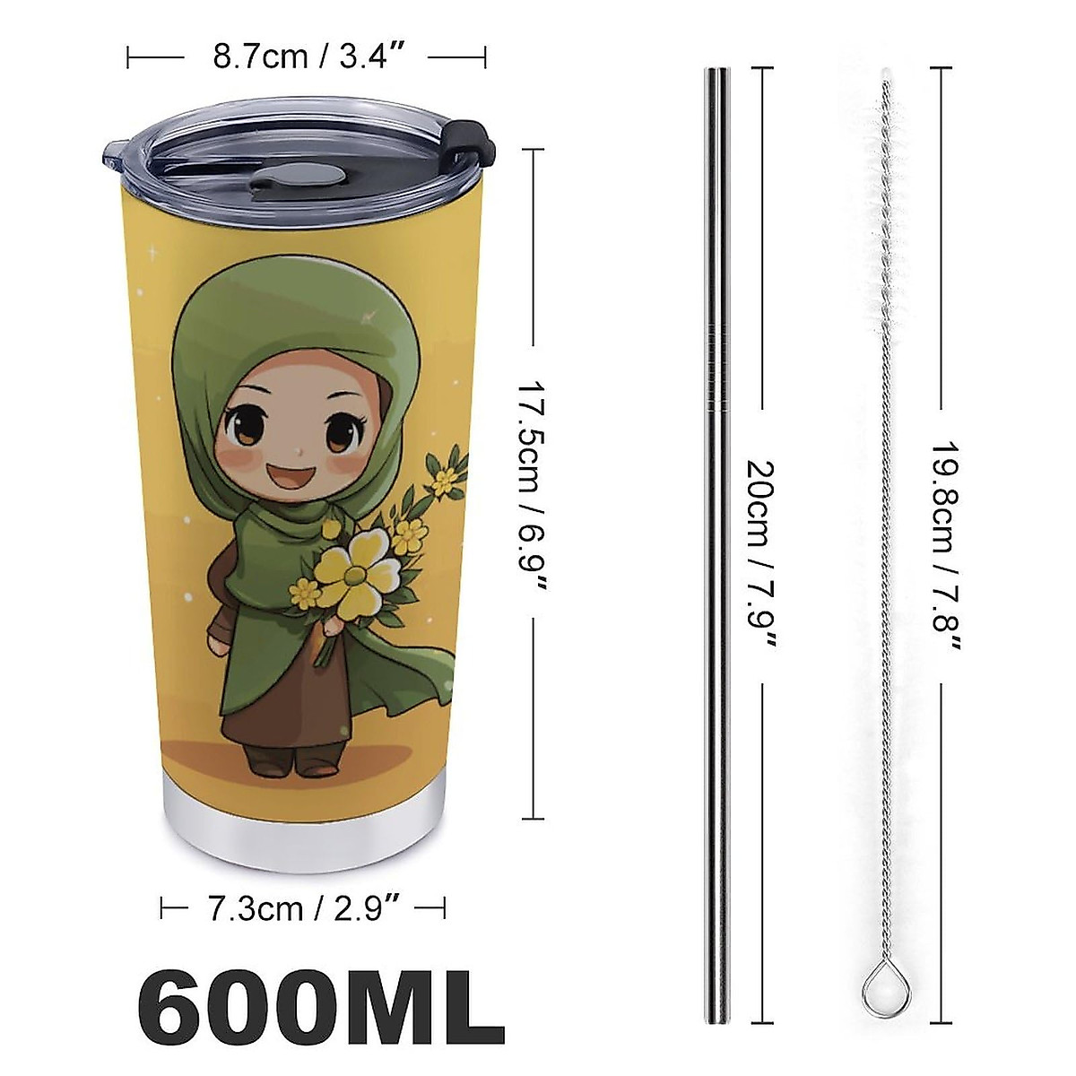 FZMTLDS Cartoon Muslim Girl Tumbler 20oz Stainless Steel Water Bottles with Handle Leak-proof Large Capacity Car Cup Travel Mug Insulated Coffee Cup Gifts for Women Men