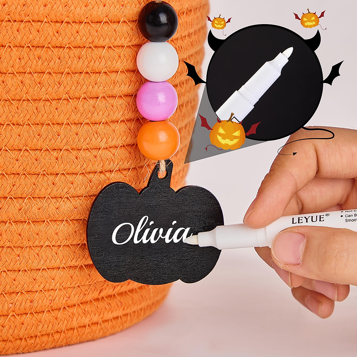 MELLBAY Halloween Basket, Halloween Trick or Treat Pumpkin Candy Bucket, Woven Personalized Small Halloween Baskets with Name Tag Pumpkin & White Pen for Kids Gift Basket