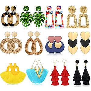 Honsny Boho Tassel Earrings for Women, Rattan Earrings Resin Acrylic Earrings Fashion Geometric Hoop Woven Bohemian Fun Earring Drop Dangle Statement Big Earrings Set