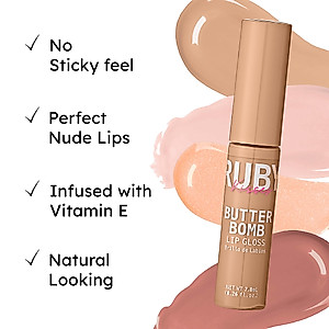 Ruby Kisses Lip Gloss Butter Bomb Gloss Non-Sticky Lip Gloss Vitamin E Natural Nude Lip Makeup - 7.8mL (0.26 US fl.oz) (White Lie)