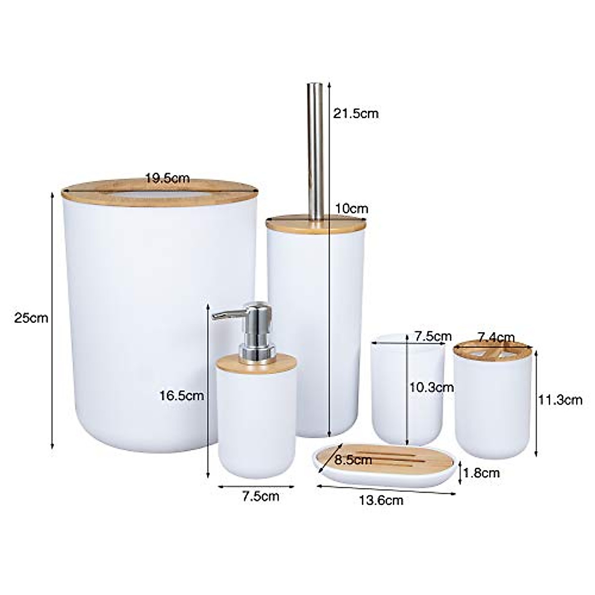 JIANWEI Bathroom Accessories Set, 6 Piece Bath Ensemble Includes Toilet Brush, Soap Dispenser, Waste Bin, Toothbrush Holder, Soap Dish, Cup, Bamboo Decor and Housewarming Gift(Black)