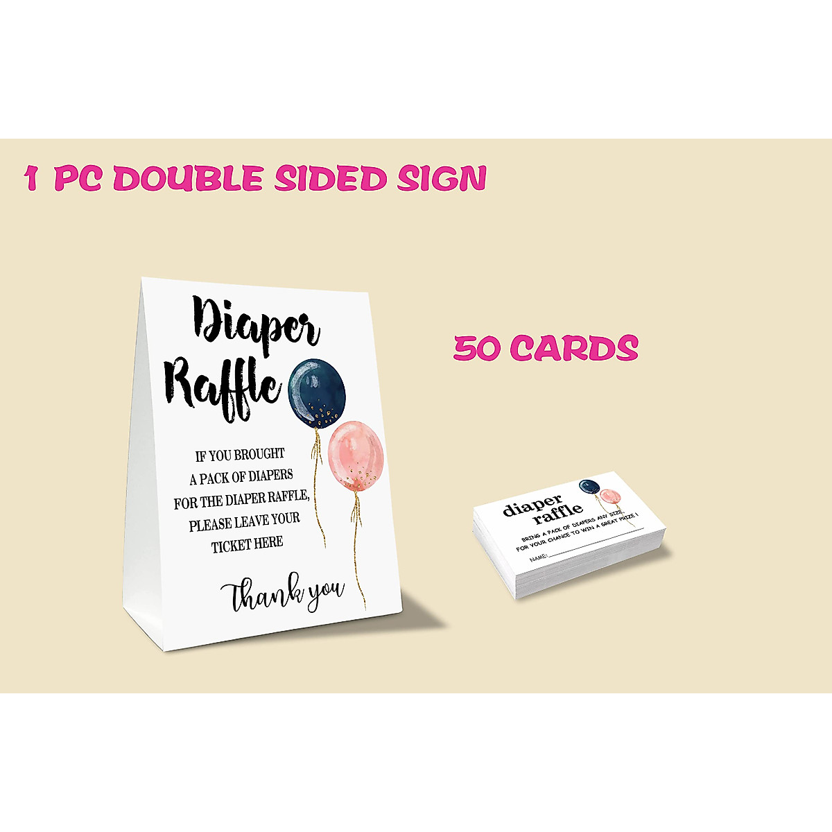 Diaper Raffle Tickets For Baby Shower, Balloon Themed Cards, Party Favors For Baby Showers Game Cards, 1 Sign & 50 Cards Per Pack – (014-niaobu)