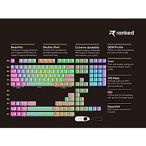 Ranked Pudding v2 PBT Keycaps | 145 Double Shot Translucent ANSI US & ISO Layout | OEM Profile for Full Size, TKL, 75%, 65% and 60% RGB Mechanical Gaming Keyboard (Miami)