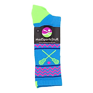 MadSportsStuff Chevron Girls Lacrosse Socks with Lacrosse Sticks Athletic Crew Socks (Electric Blue/Neon Green, Small)