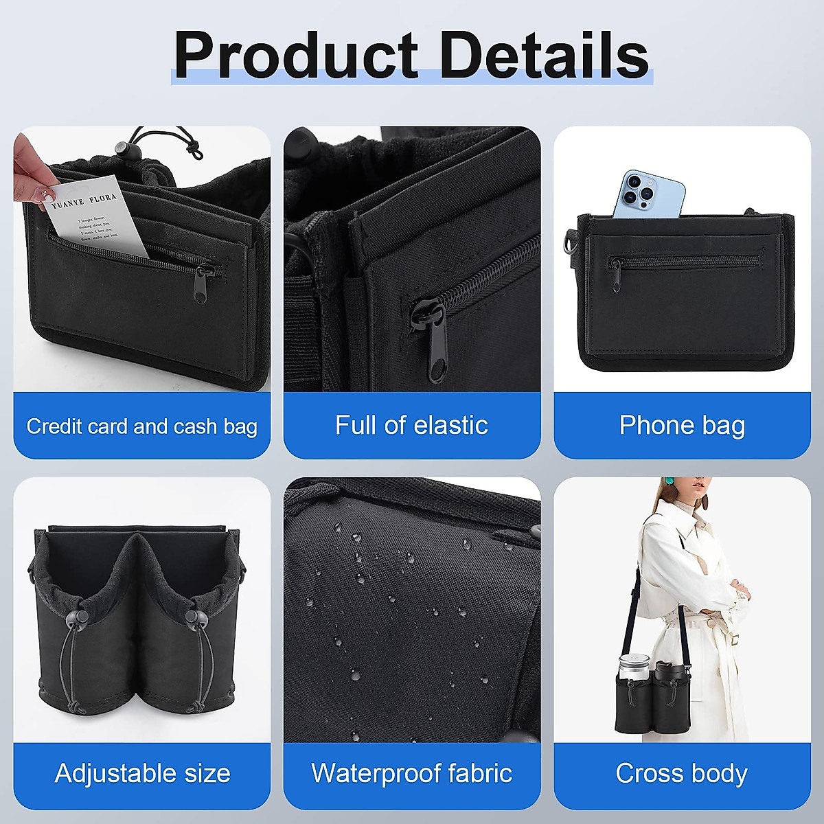 Luggage Cup Holder for Suitcases Free Hands, Travel Accessories, Adjustable for Different Sizes of Coffee Cups, Universal Luggage Accessories for Flight Attendants, Business Travelers, Tourists-Black