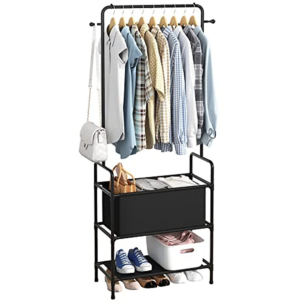 UDEAR Clothes Rack,Standard Garment Rack with Large Storage Bag,2 Non-woven Fabric Storage Shelves and 2 Hooks,Black