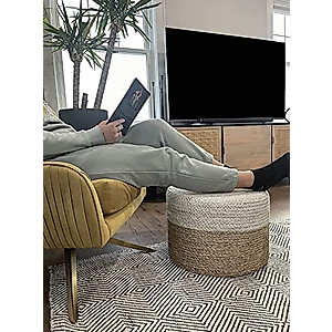 S & L Homes Pouf Ottoman - 100% Jute Braided Footrest Pouf Hand Knitted Traditional Cord Boho Pouffe for Living Room, Bedroom, Nursery, Patio, Lounge Colorblock - Natural Ivory (20”x20”x10”)