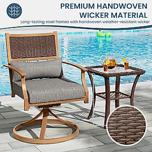Amopatio 3 Pieces Patio Swivel Chairs Set of 2 with Wicker Table, Bistro Set with Swivel Rocker Chair, Outdoor Furniture with Thickened Cushions for Porch Backyard Deck (Gray)