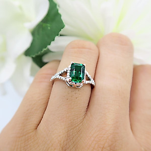 Dazzlingrock Collection 7x5mm Lab Created Emerald & Round White Diamond Halo Split Shank Engagement Ring for Women in 925 Sterling Silver Size 5.5