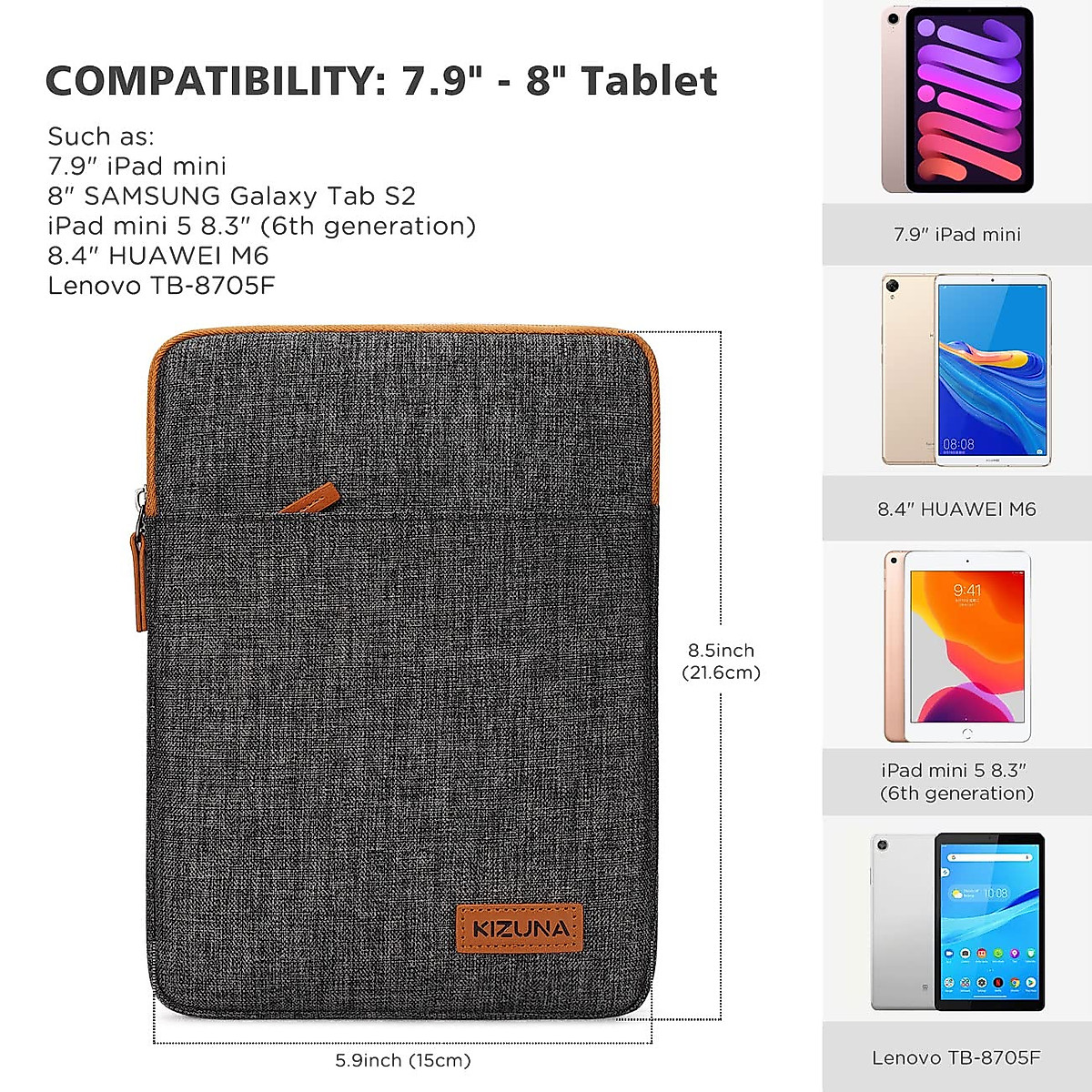 KIZUNA 8 Inch Tablet Sleeve Case Shockproof Water-Resistant Bag for 7.9" Tablet/iPad Mini 4 3 2/Samsung Galaxy Tab A/ 8" Pro/Tab 3 7.0 Lite/S2 8/E 8, LG Huawei M5/ASUS ZenPad Protective Bag - Brown