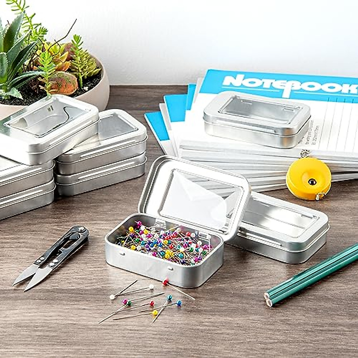 Restaurantware RW Base 4.5 Ounce Rectangular Tin Containers 10 Durable Tin Boxes With Lids - Clear Window Lids Rounded Edges Silver Tin Storage Containers Customizable Fits Mints Or Pills