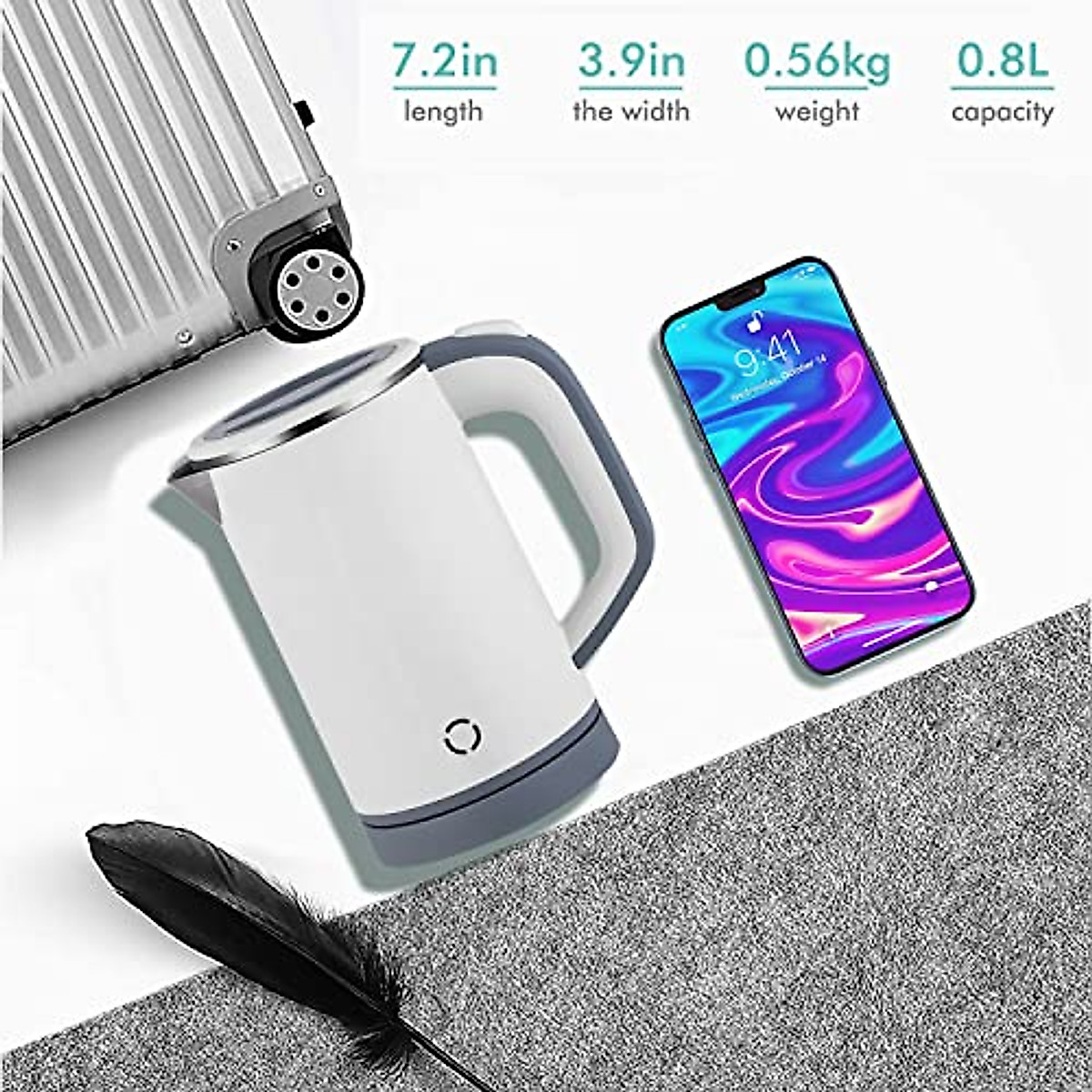 NARBOR Mini Electric Kettle, 0.8L Portable Travel Tea Kettle Stainless Steel Double Layer Hot Water Cordless BPA-Free, 600 W Boil-Dry Protection Boiler and Heater (white), (01)