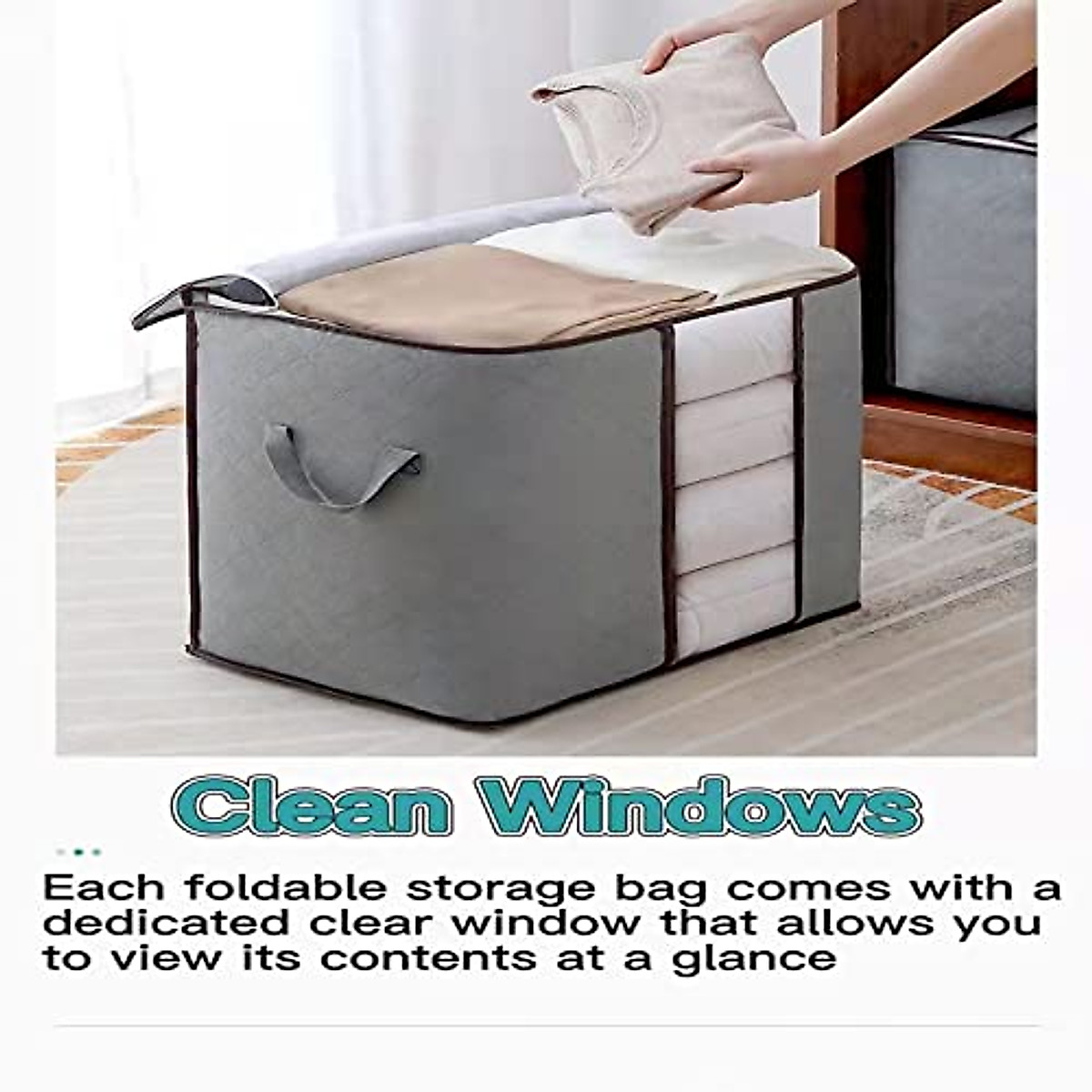 Large Capacity Clothes Storage Bag Organizer Reinforced Handle Thick Fabric for Comforters, Blankets, Bedding, Foldable with Sturdy Zipper, Clear Window, 3 Pack, 56L, Grey